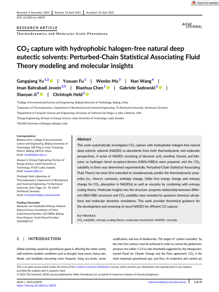 AIChE Journal - 2025 - Yu - CO2 Capture With Hydrophobic Halogen Free Natural Deep Eutectic ...
