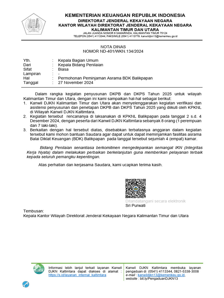 Permohonan Peminjaman Asrama BDK Balikpapan PDF | PDF