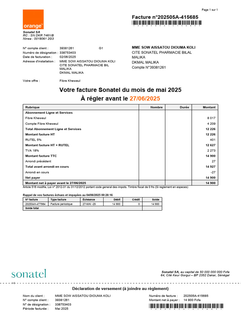 Facture Sonatel Mai 2025 - MME SOW AISSATOU | PDF | Facture | Impôts