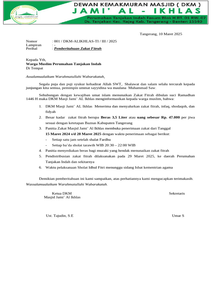 Surat Pemberitahuan Zakat Fitrah 2025 | PDF