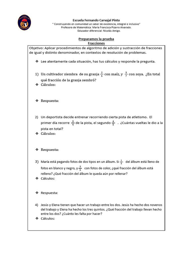 Prueba de Fracciones para Matemáticas | PDF