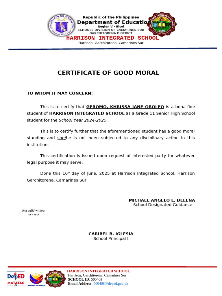 Certificate of Good Moral Character | PDF | Public Services | Computing