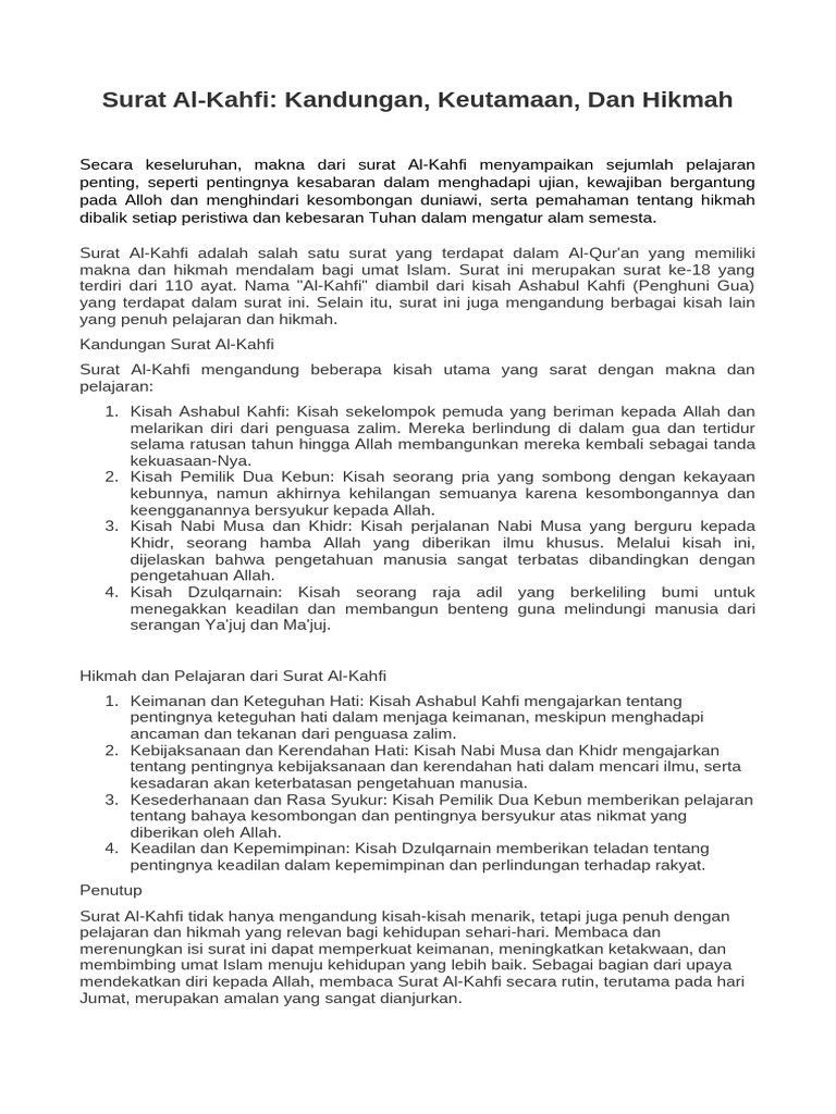 Surat Al-Kahfi Kandungan, Keutamaan, Dan Hikmah | PDF
