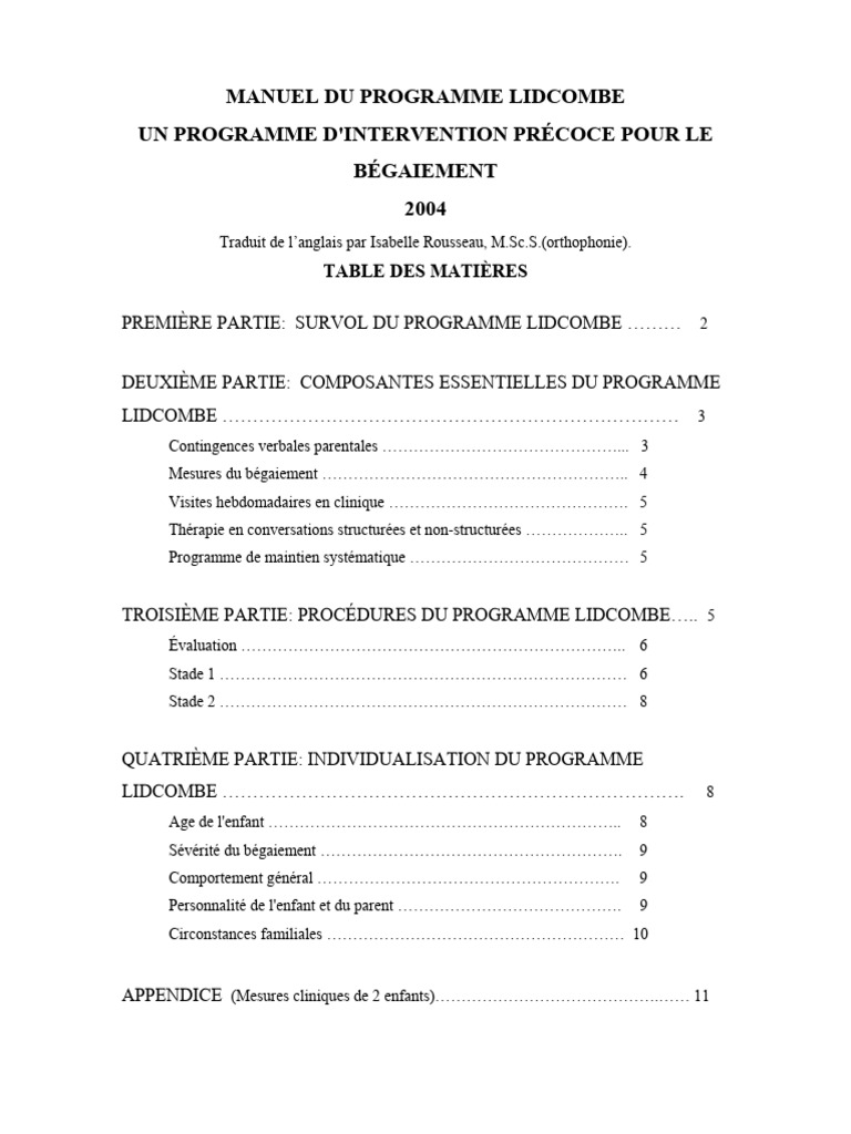 Manuel du Programme Lidcombe | PDF | Bégaiement | Communication humaine