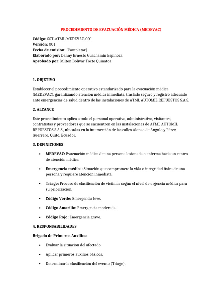 Procedimiento MEDEVAC en ATML S.A.S. | PDF | Ambulancia | Medicina
