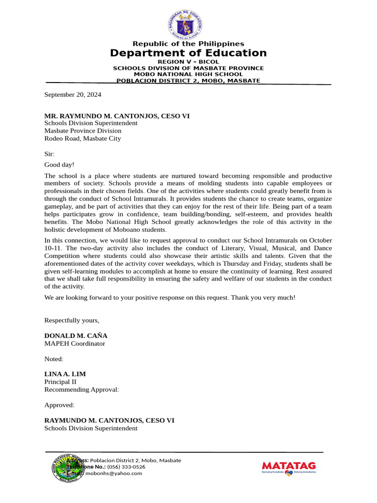 Letter - Conduct of School Intramurals | PDF