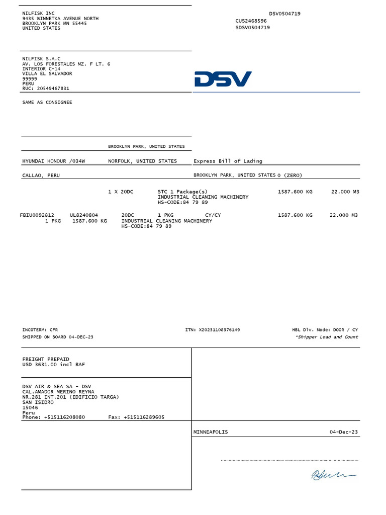DSV Bcs Sea Waybill - Dsv0504719 | PDF | Bill Of Lading | Cargo