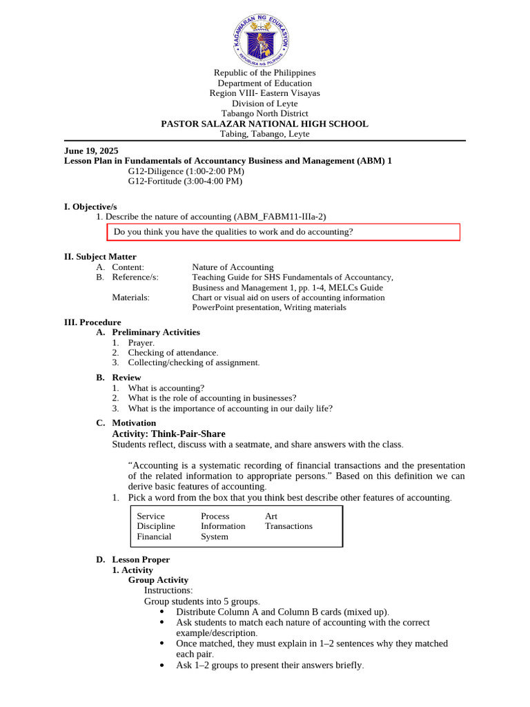 Lesson Plan: Fundamentals of Accounting | PDF | Accounting | Information