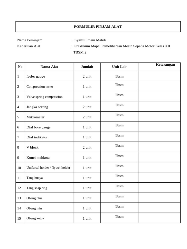 Formulir Pinjam Alat Praktikum TBSM | PDF