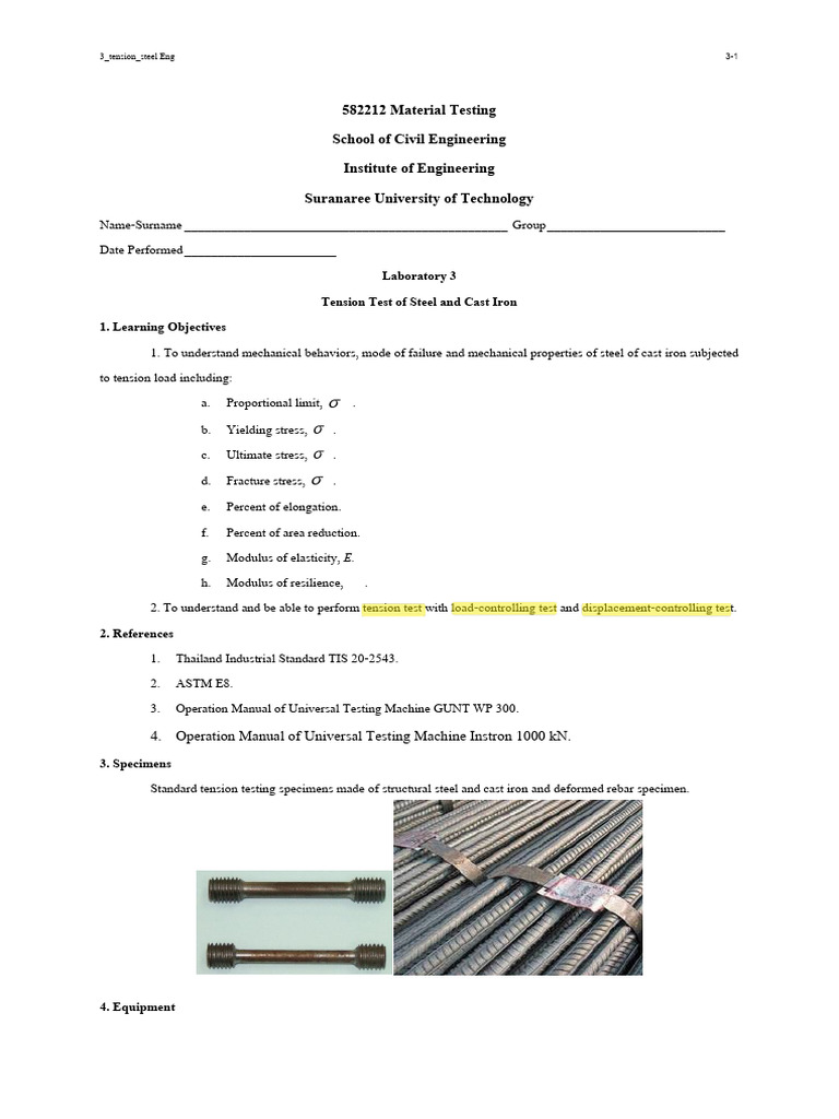 Tension Testing of Steel and Cast Iron | PDF | Young's Modulus | Yield ...
