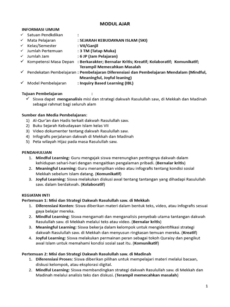 1. Modul Ajar SKI Kls VII, Smt Ganjil-IBL | PDF
