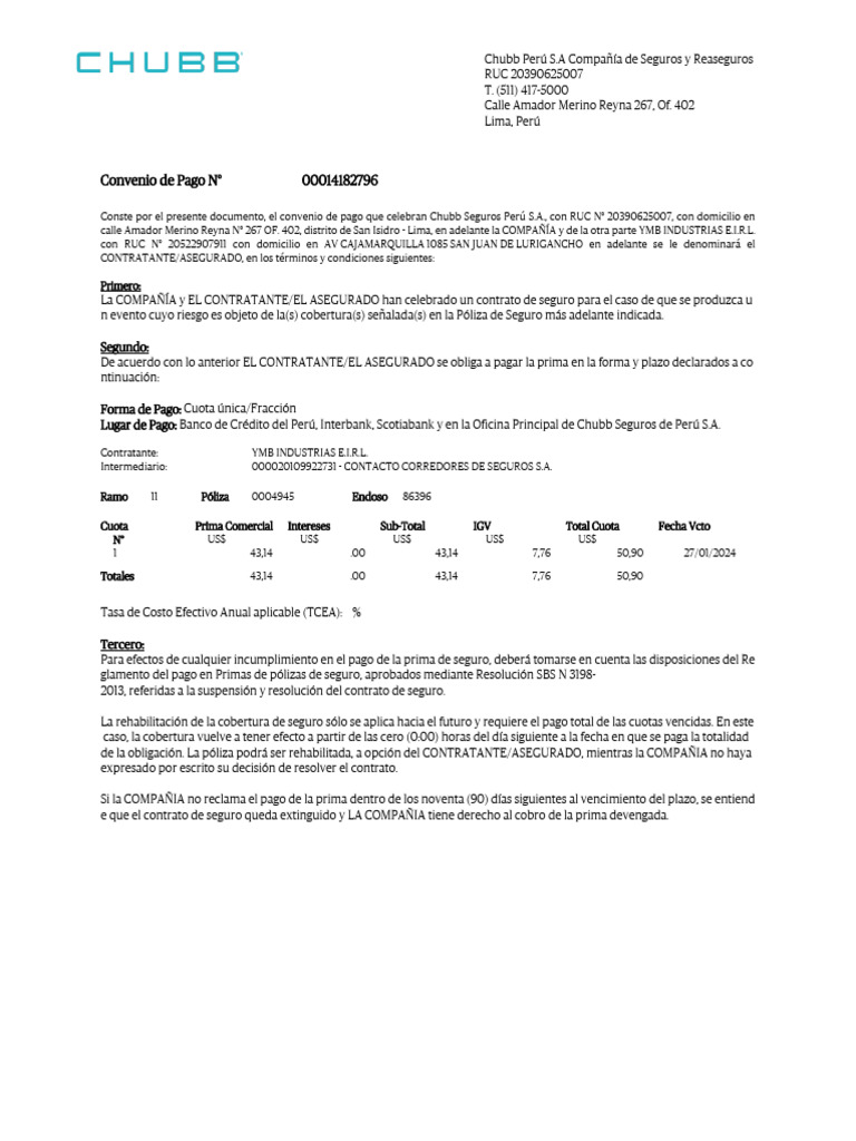 Convenio de Pago Chubb Seguros Perú | PDF | Seguro | Póliza de seguros