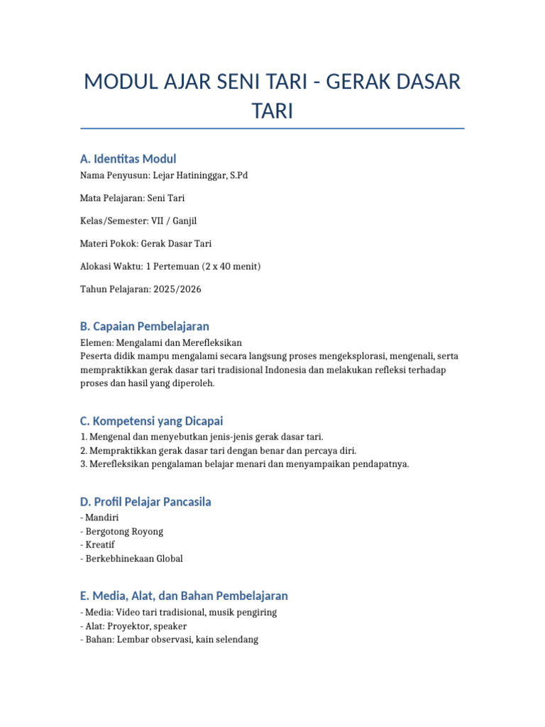 Modul Ajar Gerak Dasar Tari Lengkap Lejar Hatininggar | PDF
