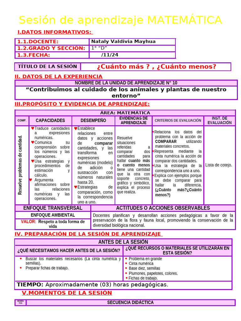 Sesión Cuánto Más, Cuánto Menos - Problemas de Comparación Maestra ...