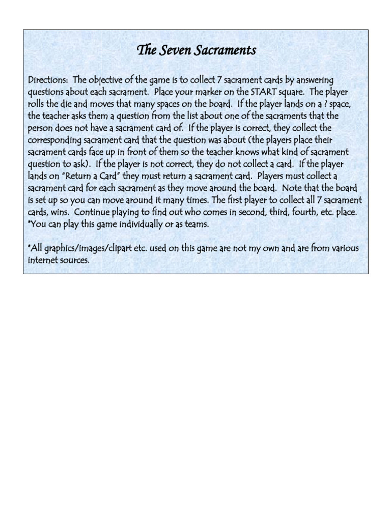 Seven Sacraments Game Instructions | PDF | Eucharist | Confirmation