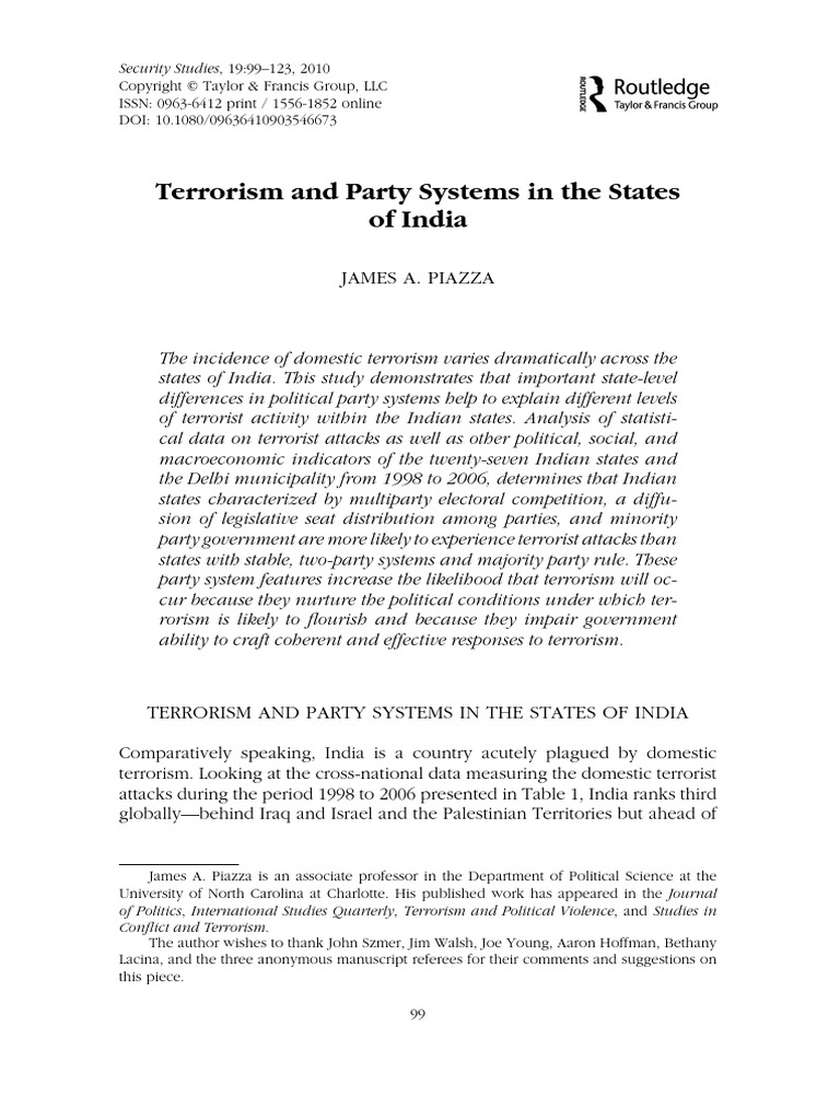 Terrorism and Party Systems in The States of India JAMES A. PIAZZA ...