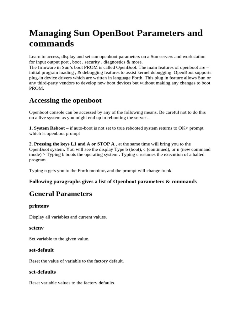 Managing Sun OpenBoot Parameters and Commands | PDF | Booting | Computer Terminal