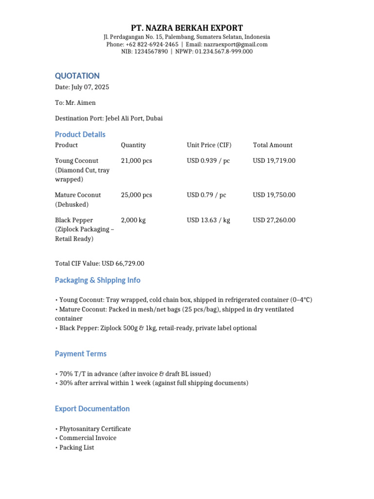 Quotation PT Nazra Berkah Export July2025 With Letterhead | PDF
