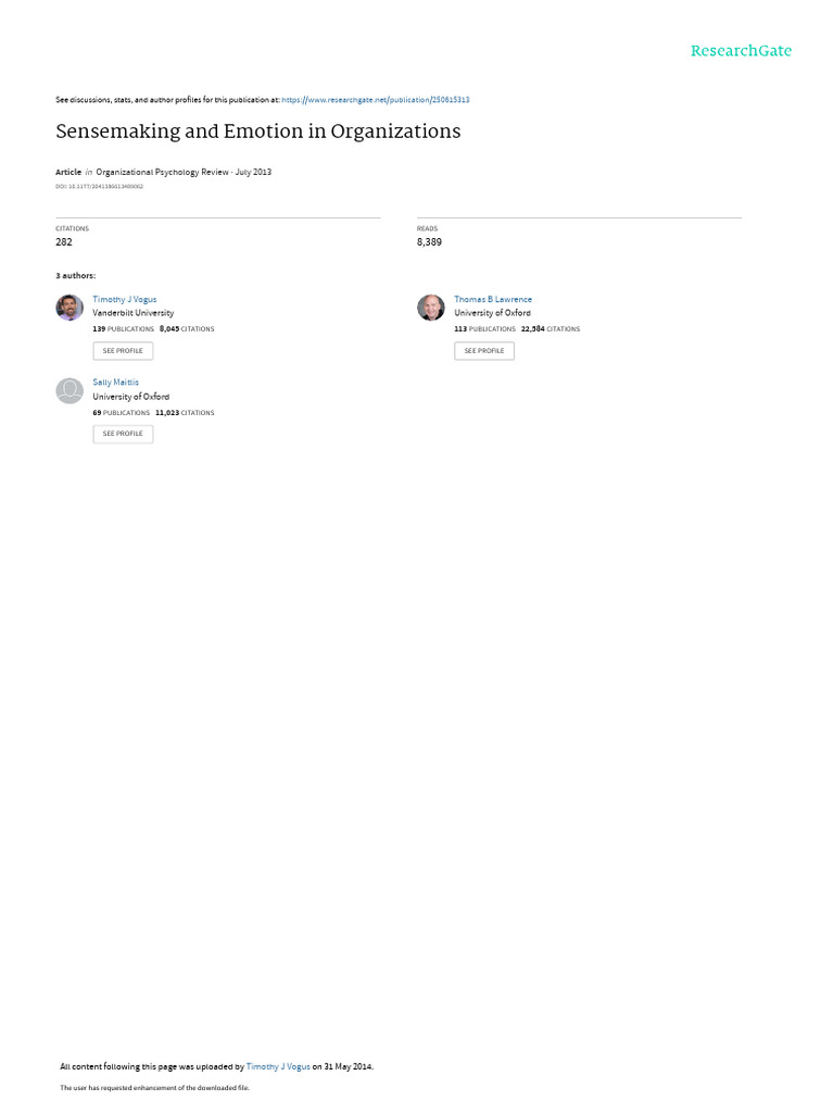 Maitlis 等 - 2013 - Sensemaking and Emotion in Organizations | PDF | Emotions | Shame