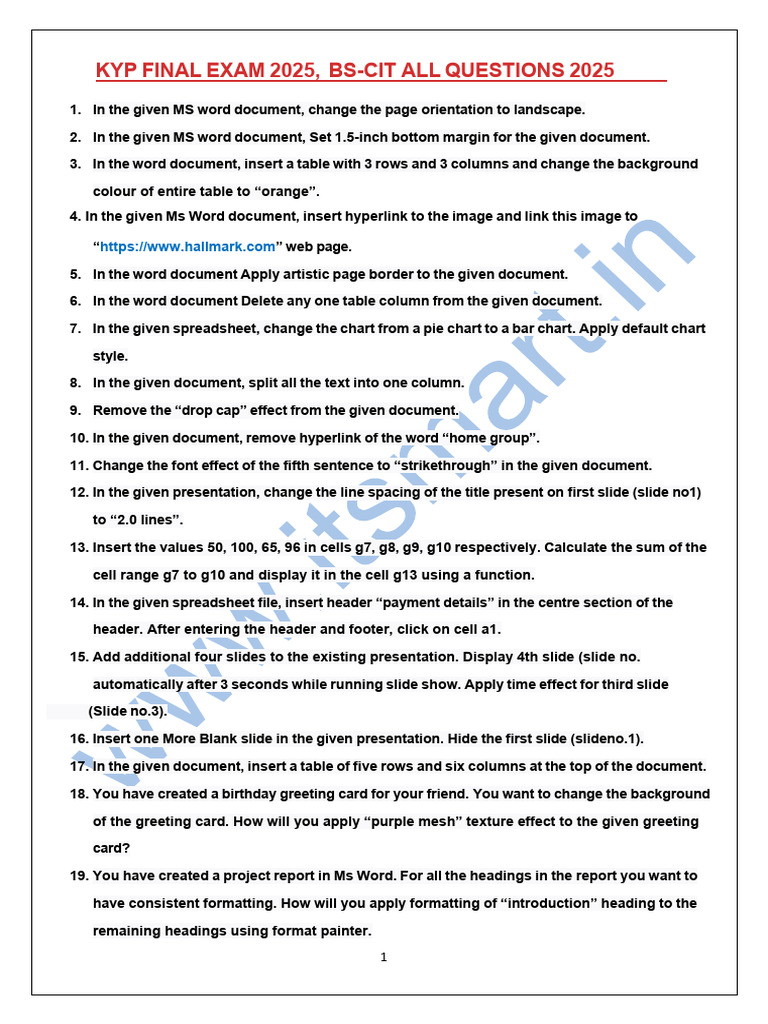 Kyp, Bsc-It Final Exam All Questions 2025 PDF | PDF | Spreadsheet | Microsoft Word