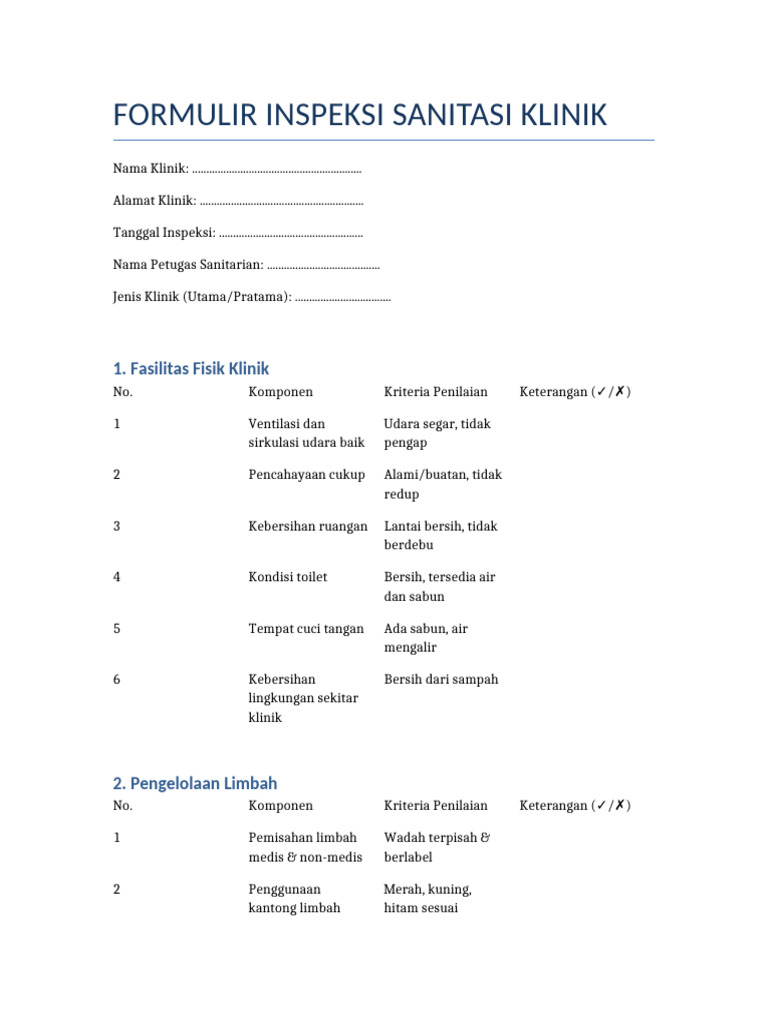 Formulir Inspeksi Sanitasi Klinik | PDF