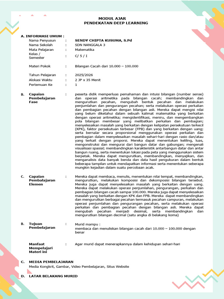 Ma Deeplearning &koding - Mateatika - Kelas 5 - Sendy CK, S.PD | PDF