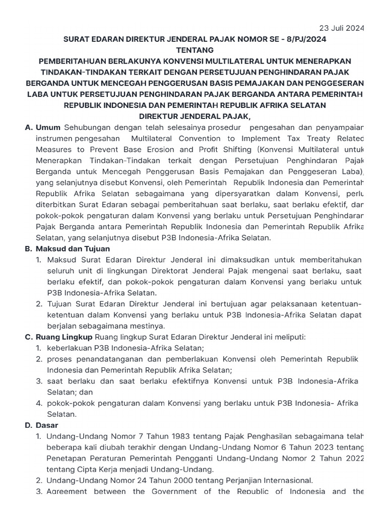 Surat Edaran Dirjen Pajak Nomor - SE - 8 - PJ - 2024 | PDF