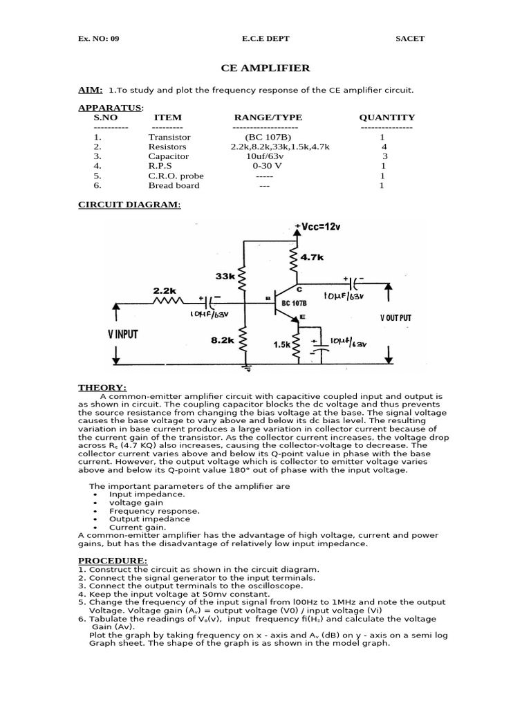 Common Emitter Amplifier | PDF | Amplifier | Electrical Circuits