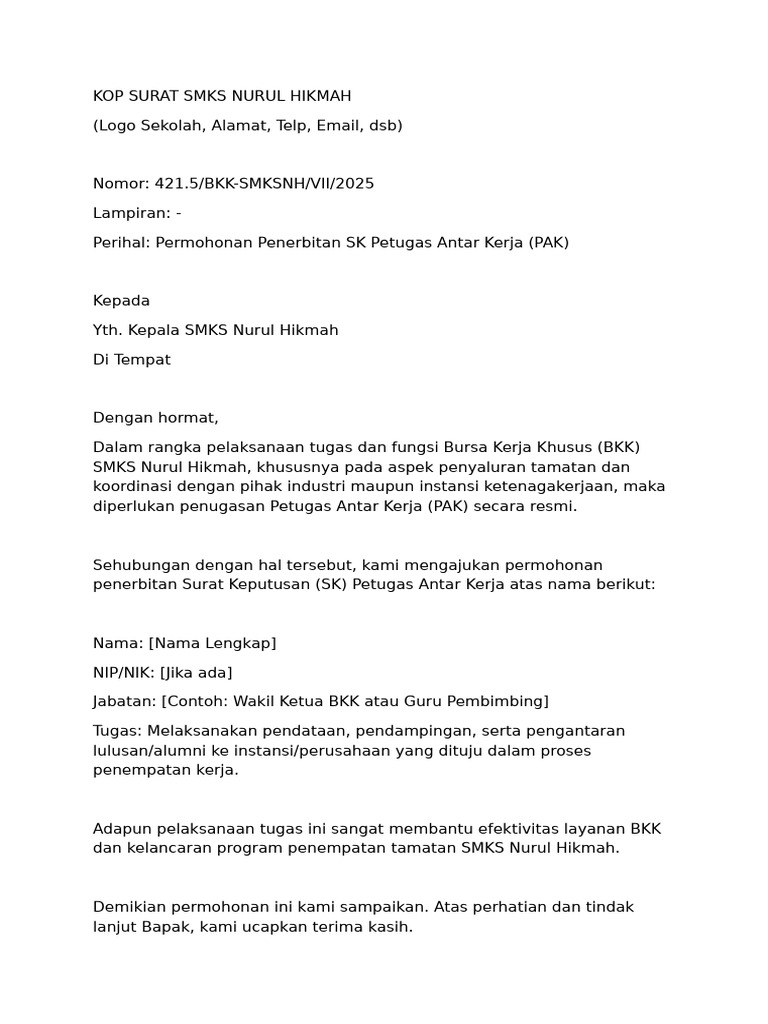 Permohonan SK Petugas Antar Kerja BKK | PDF