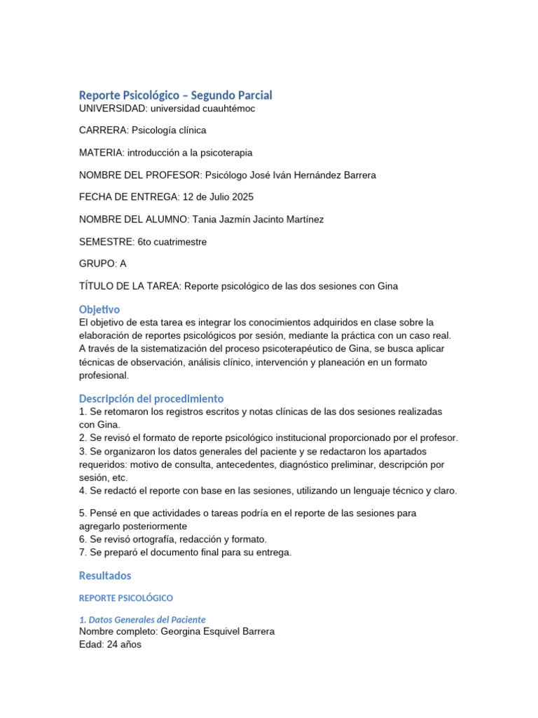 Reporte Psicologico Gina Segundo Parcial Completo | PDF | Adultos | Abuso sexual