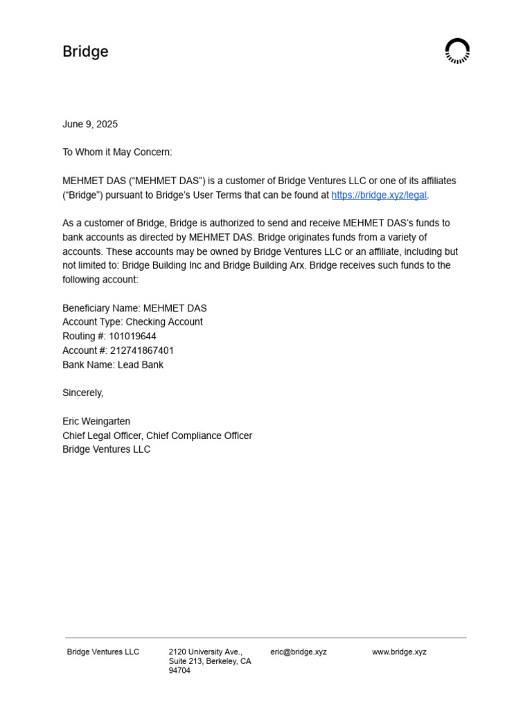 Bridge Account Letter VA MEHMET DAS | PDF
