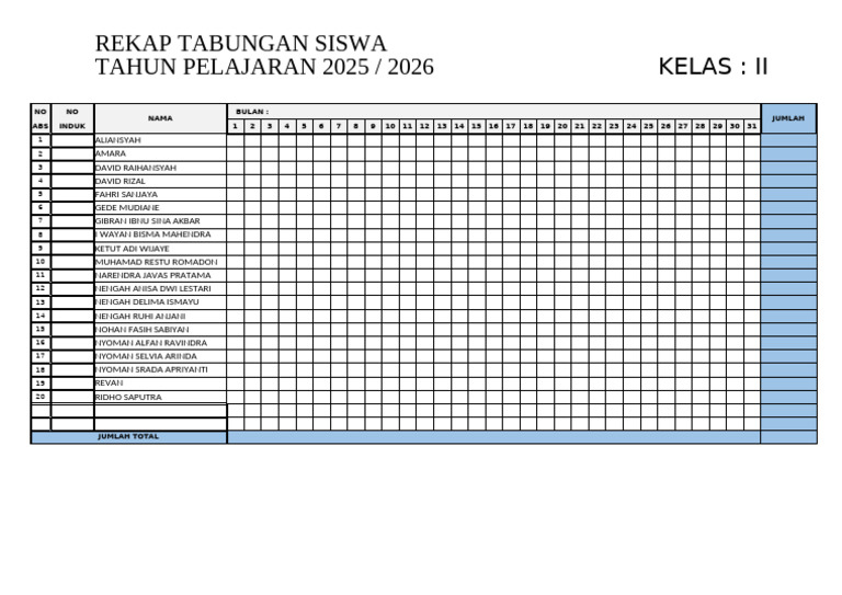 Rekap Tabungan Kelas II 2025 - 2026 | PDF