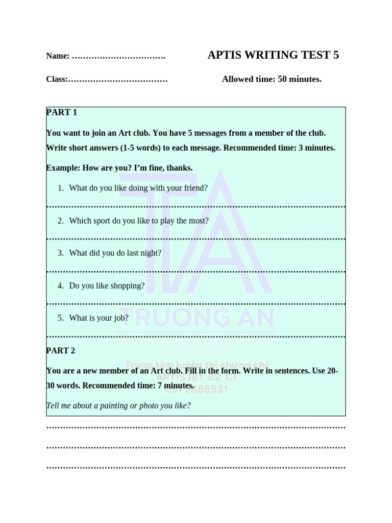 Aptis Writing Test 5 (Art Club) | PDF