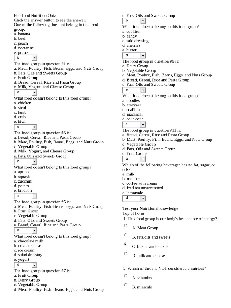 Food and Nutrition Quiz | PDF | Foods | Fat