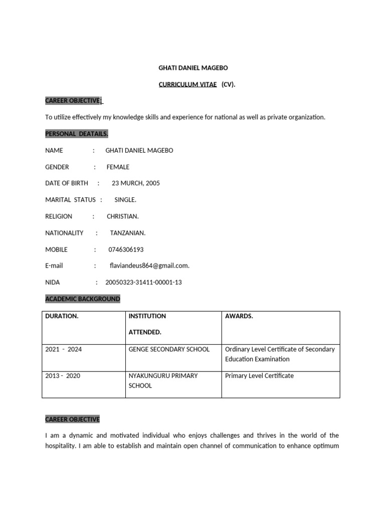 Ghati Daniel Magebo CV Overview | PDF