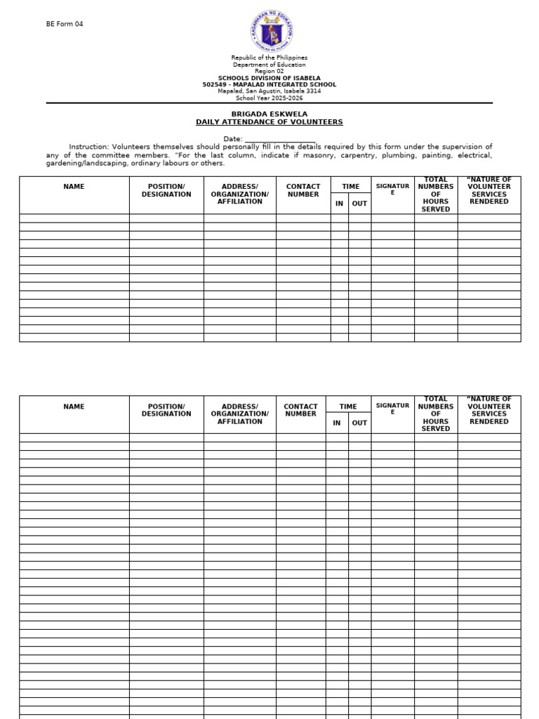 Brigada Eskwela Volunteer Attendance Form | PDF