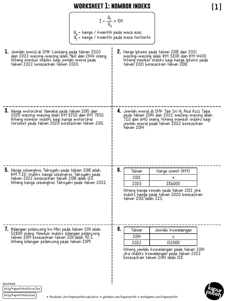 (Worksheet KSSM AddMaths) Bab 10 - Nombor Indeks (Form 4) | PDF