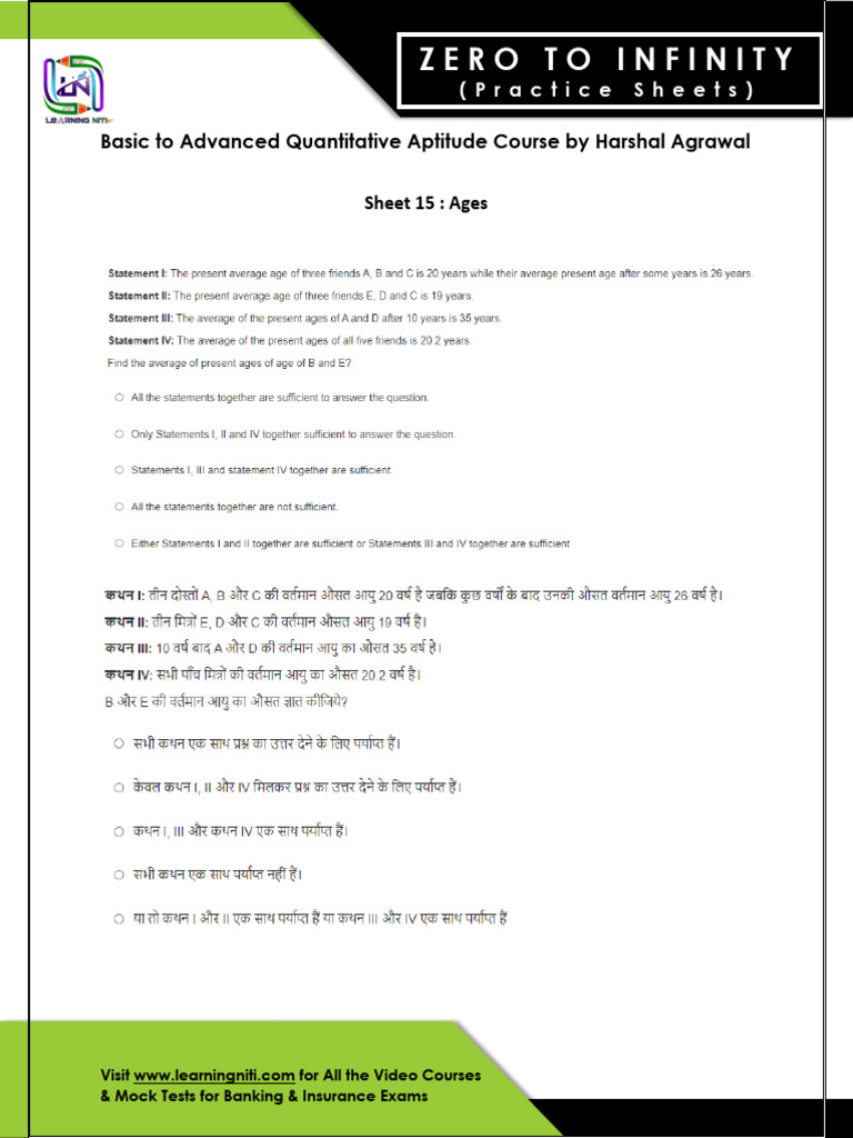 Ages Practice Sheet - Zero to Infinity | PDF | Tests