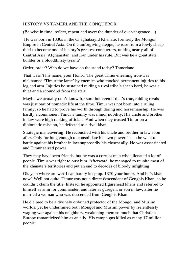 History Vs Tamerlane The Conqueror | PDF | Mongol Empire | Asia