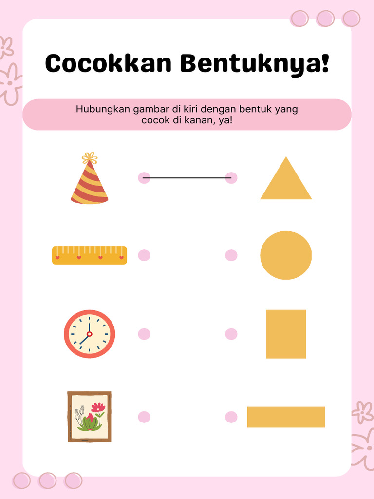 Lembar Kerja Belajar Mencocokkan Bentuk Benda Merah Muda Ilustrasi | PDF