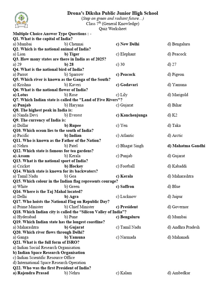 Class 7th GK Quiz Worksheet | PDF | Planets | Night
