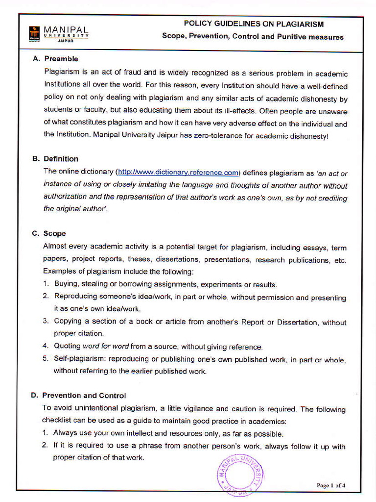 Plagiarism Policy Guidelines at MUJ | PDF | Plagiarism | Education Issues