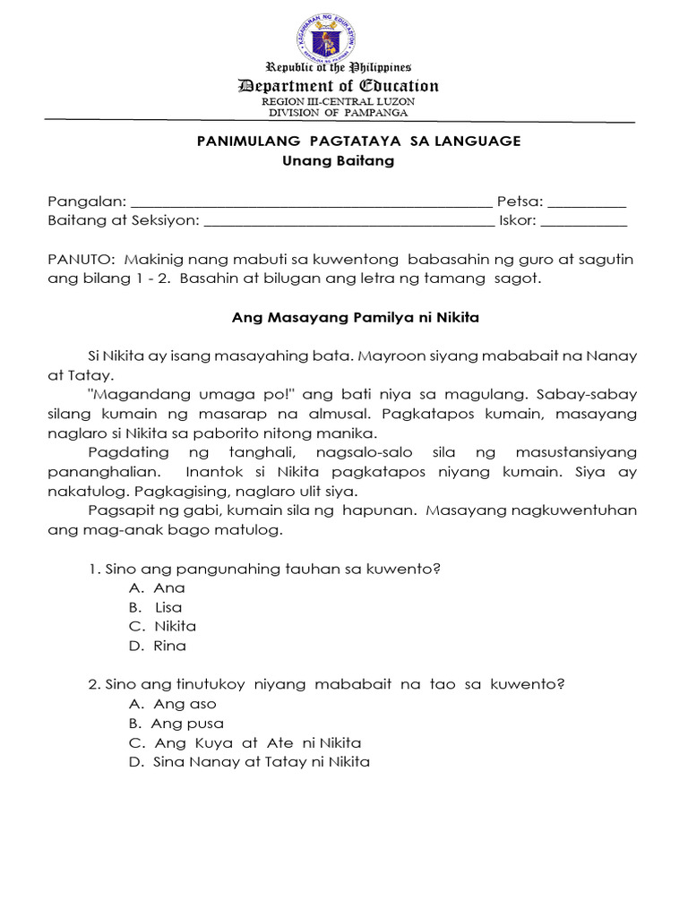 Final Edited Tagalog Pre Test in Language Grade 1 | PDF