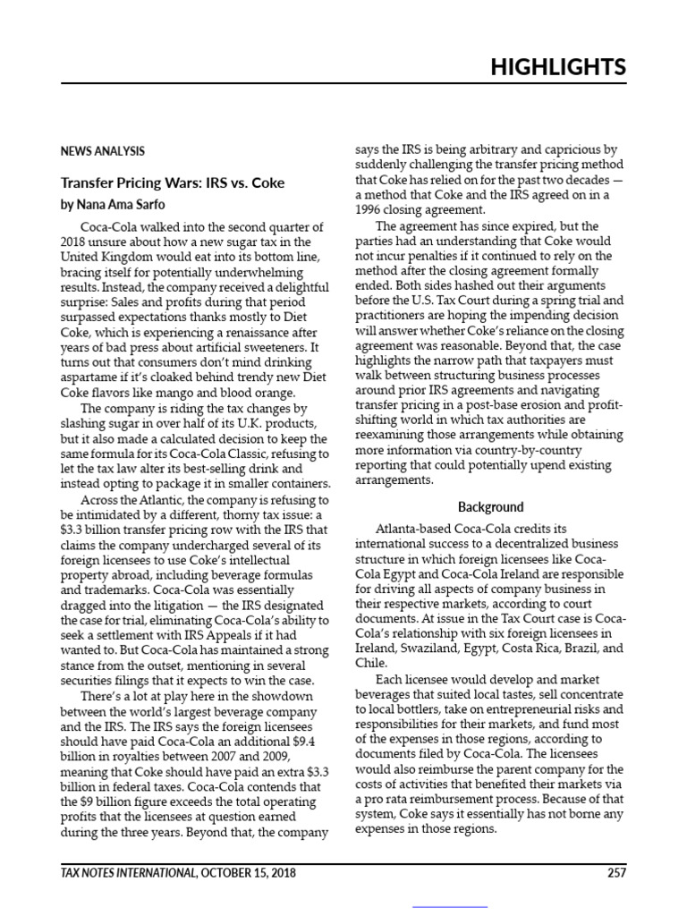 Transfer Pricing Wars: IRS vs. Coke | PDF | Coca Cola | Taxes