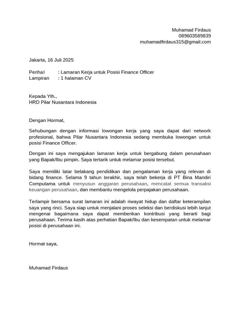 Jobstreet by SEEK - Contoh Surat Lamaran Kerja Word Untuk Pabrik | PDF