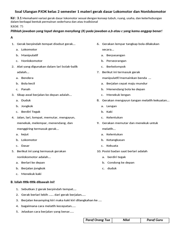 Soal Ulangan Gerak Dasar PJOK Kelas 2 | PDF