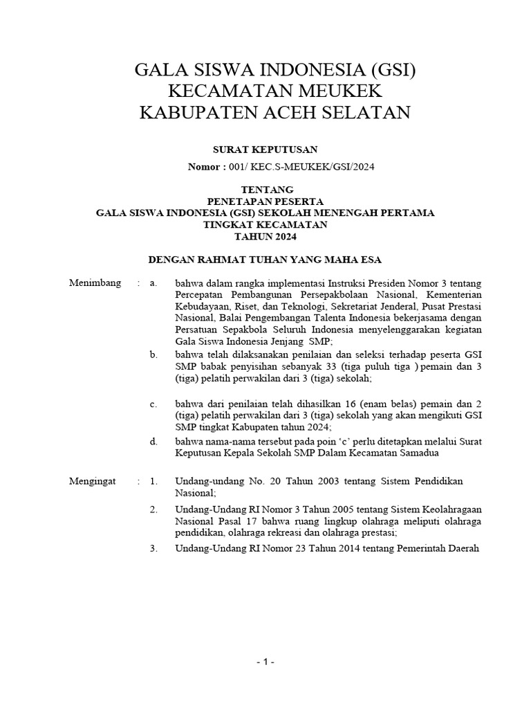 Peserta GSI SMP Meukek 2024 Ditetapkan | PDF
