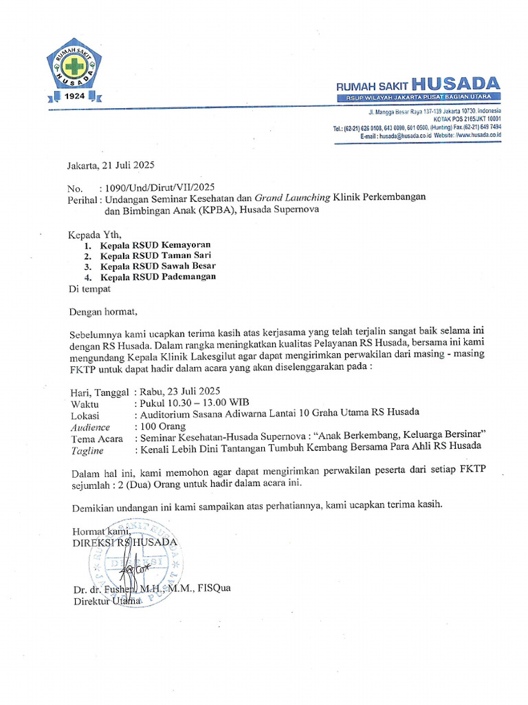 Kepala RSUD - Undangan Seminar Kesehatan Dan Grand Launching KPBA (Husada Supernova) (23 Juli ...
