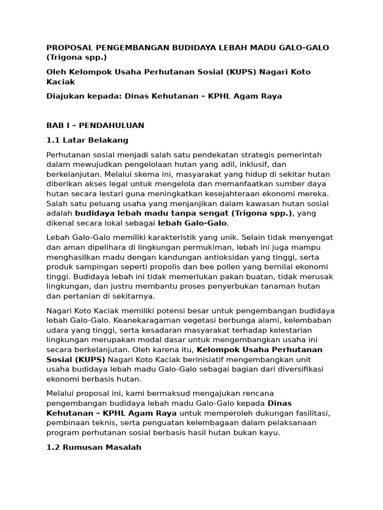 Proposal Pengembangan Budidaya Lebah Madu Galo | PDF