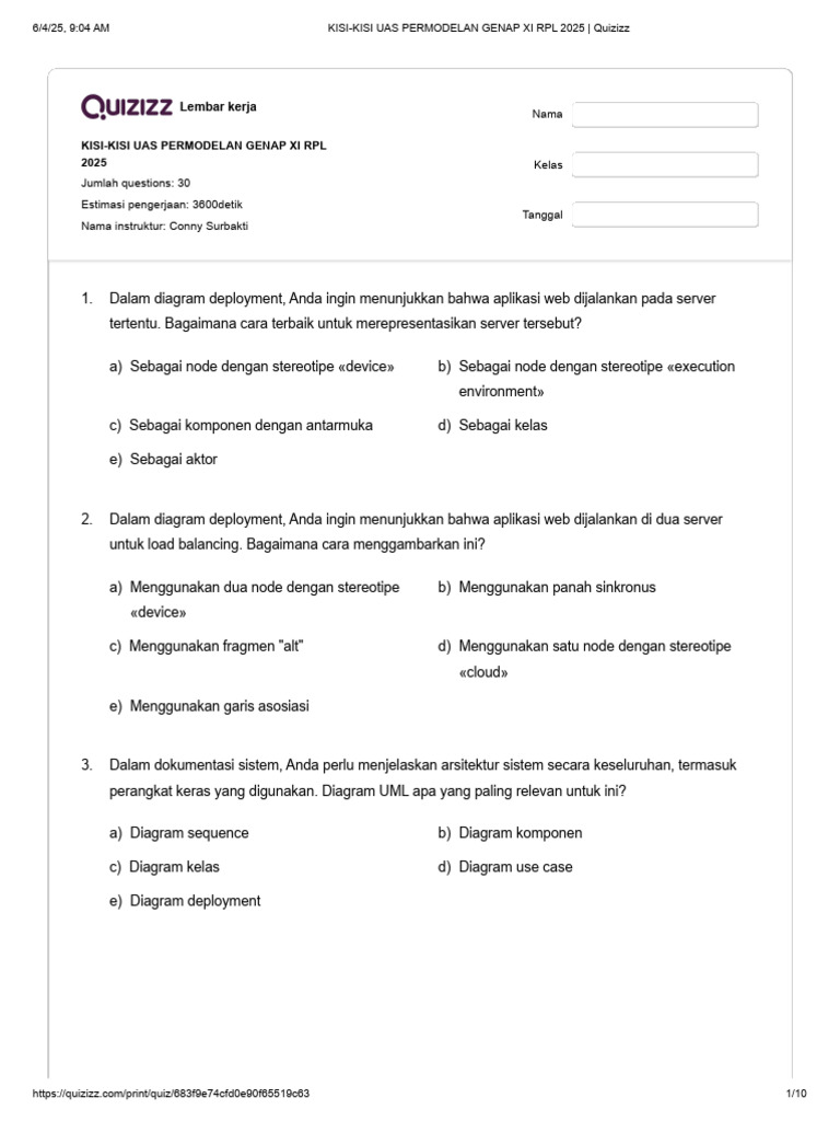 KISI-KISI UAS PERMODELAN GENAP XI RPL 2025 - Quizizz | PDF